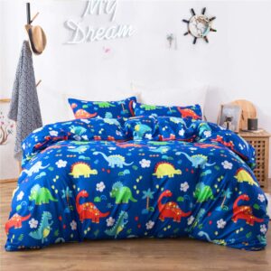 macohome kids duvet cover queen blue dinosaur duvet cover set boys soft cute pattern bedding set with 2 pillowcases no comforter (dinosaur, full/queen)