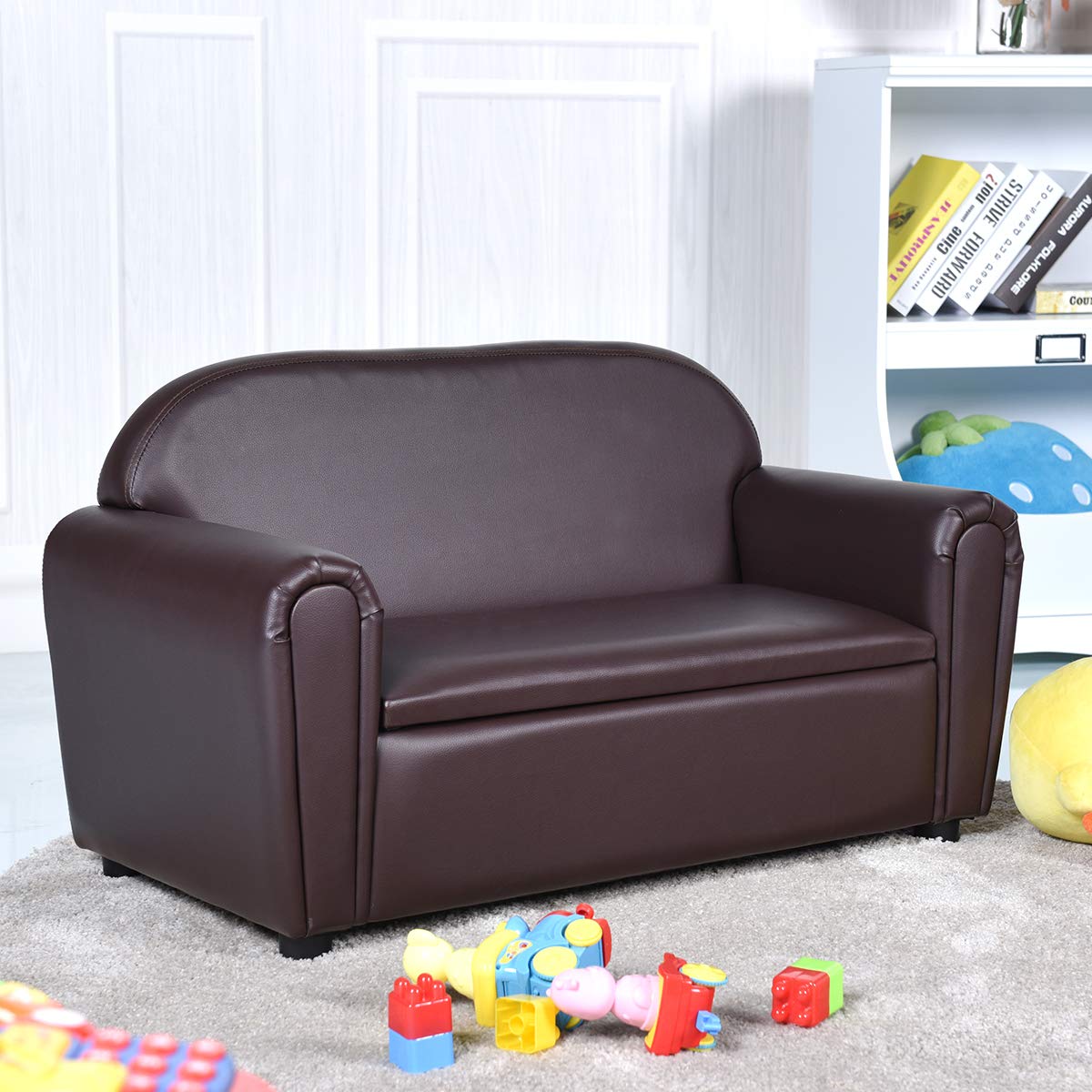 Costzon Kids Couch, 2 in 1 Double Seat Children's Sofa w/Under Seat Storage, PU Leather Surface, Toddler Armrest Chair, Kids Room, Soft Kids Sofa with Storage for Preschool Baby Boys Girls Gifts