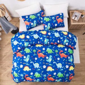 MacoHome Kids Duvet Cover Queen Blue Dinosaur Duvet Cover Set Boys Soft Cute Pattern Bedding Set with 2 Pillowcases No Comforter (Dinosaur, Full/Queen)