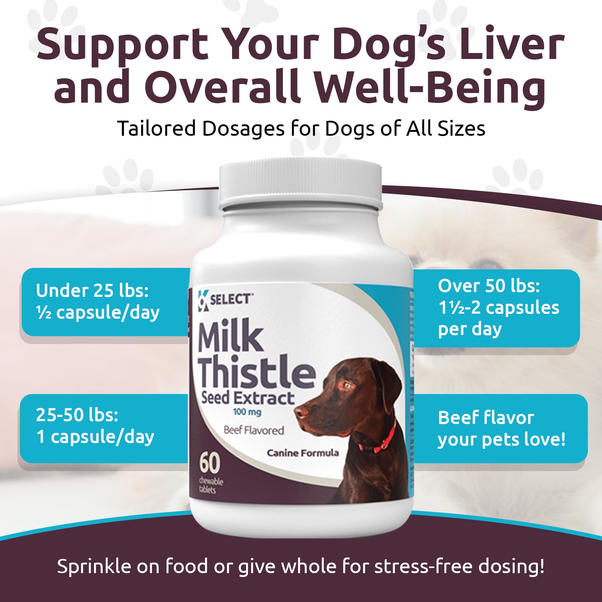 K9 Select Milk Thistle for Dogs, 100mg - 60 Beef Flavored Tablets - Canine Liver Health Natural Milk Thistle Supplement - Liver Supplement - Liver Support Supplement - Milk Thistle Herbal Supplements