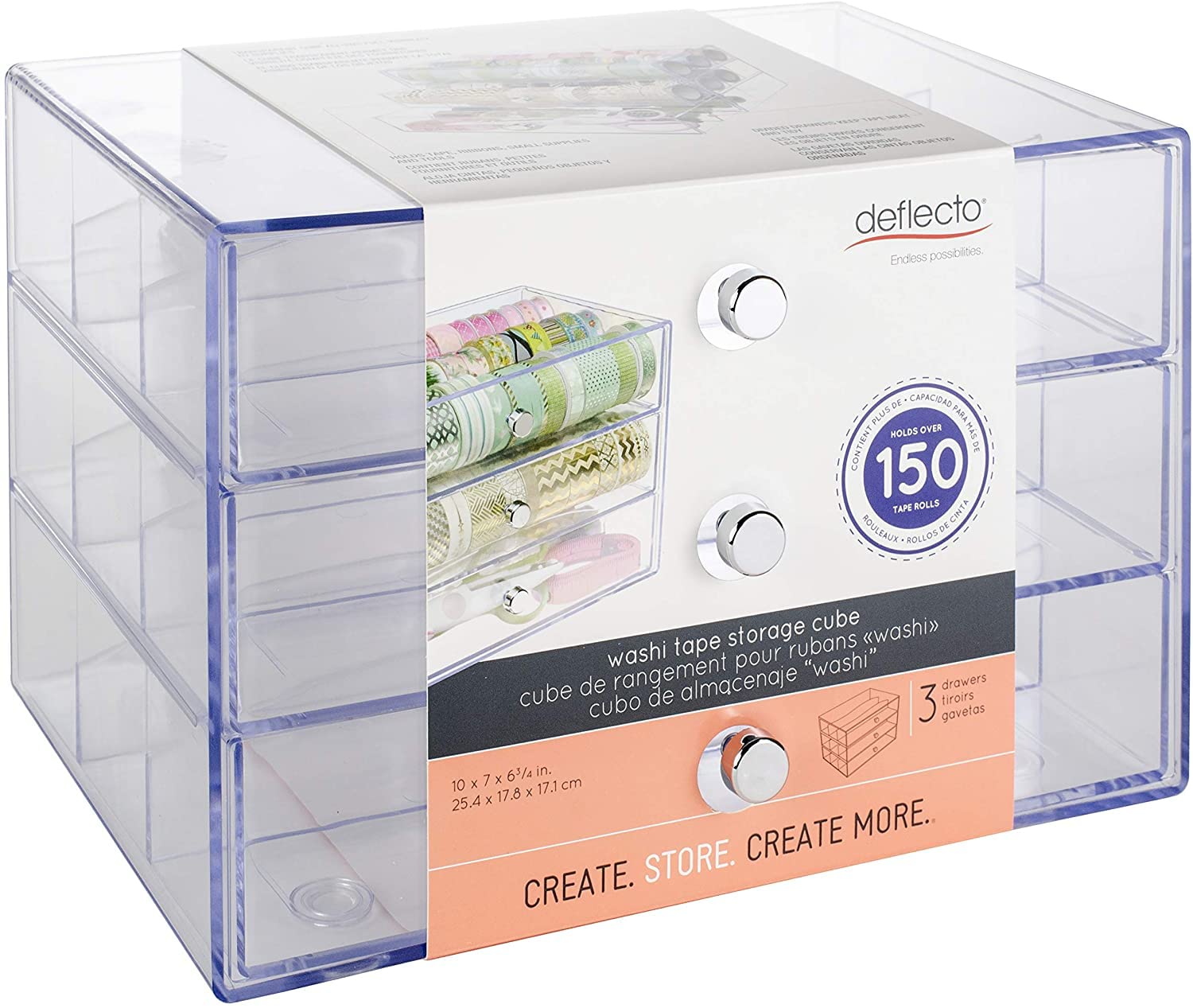 Deflecto 3 Transparent Storage Cube Drawer Organizer, 7" x 10" x 6.8", Clear