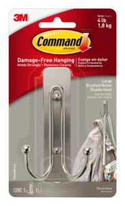 command large brushed nickel double hook, 1 hook and 1 command strip, damage free hanging wall hooks with adhesive strips, coat hooks for hanging christmas decorations, holds up to 4 lb