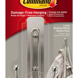 Command Large Brushed Nickel Double Hook, 1 Hook and 1 Command Strip, Damage Free Hanging Wall Hooks with Adhesive Strips, Coat Hooks for Hanging Christmas Decorations, Holds up to 4 lb