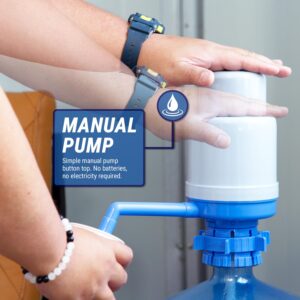 Dolphin Manual Water Pump for 5 Gallon Bottles, Fits 2-6 Gallon Bottles, Blue Manual Hand Pressure Water Dispenser, Secure Fit on Crown Top Jugs, 3 Tube Lengths, Sanitary Cap, BPA-Free