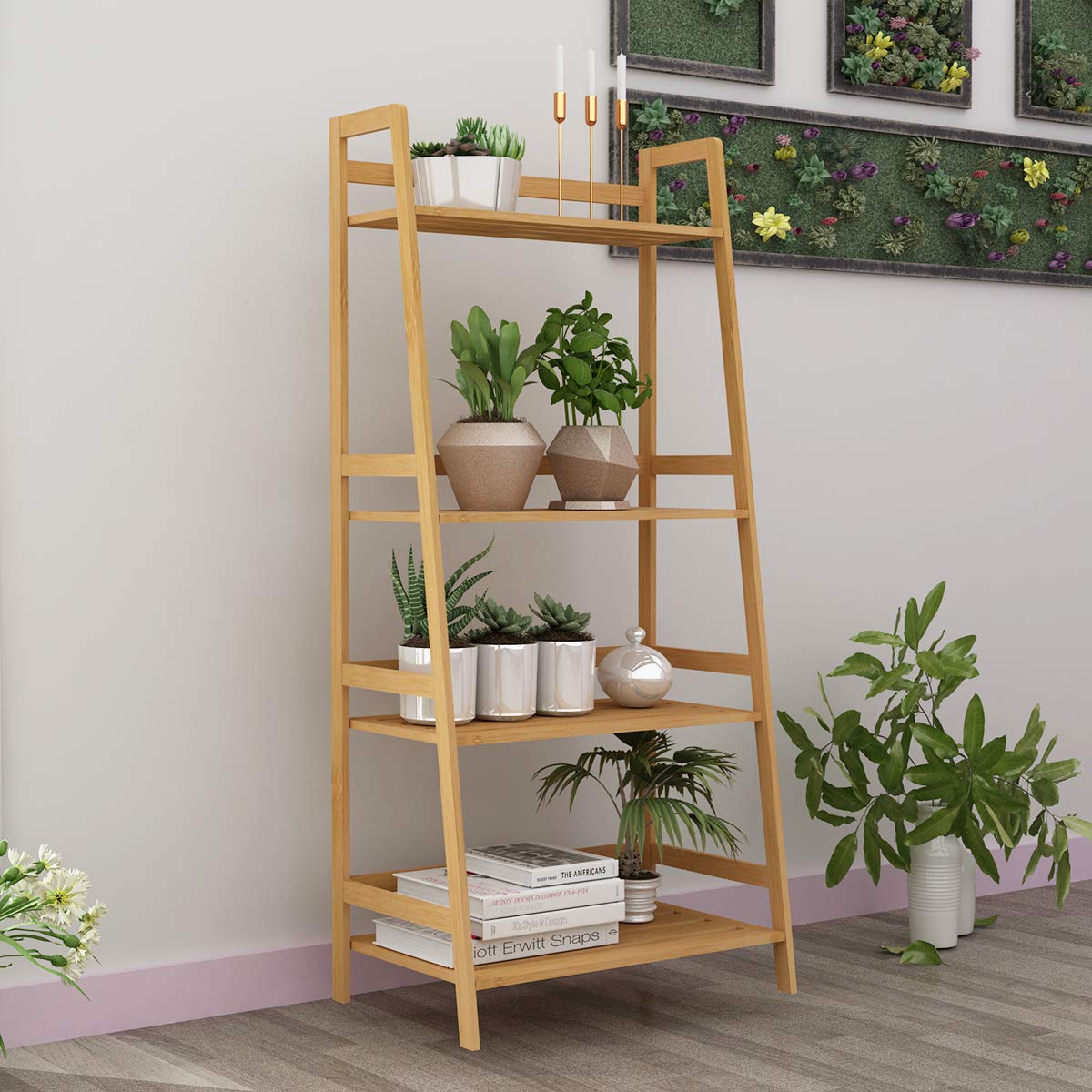 soges 4-Tier Bamboo Storage Shelf Rack, Bookcase Ladder Shelf Storage Organizer Multi-Functional Display Rack for Books, Photos, Plants, Daily Supplies in Home, Kitchen, Bathroom, Garden, KS-HSJ-02