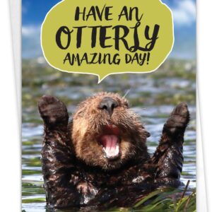 NobleWorks - Funny Happy Birthday Note Card with Envelope (4.63 x 6.75 Inch) - Cute River Otter, Animal Stationery for Kids, Adult - Adorable Congrats Gift for B-day - Otterly Awesome C6574ABDG