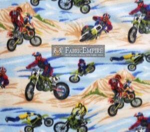 fabric empire fleece printed fabric motocross blue brown 58" wide sold by the yard