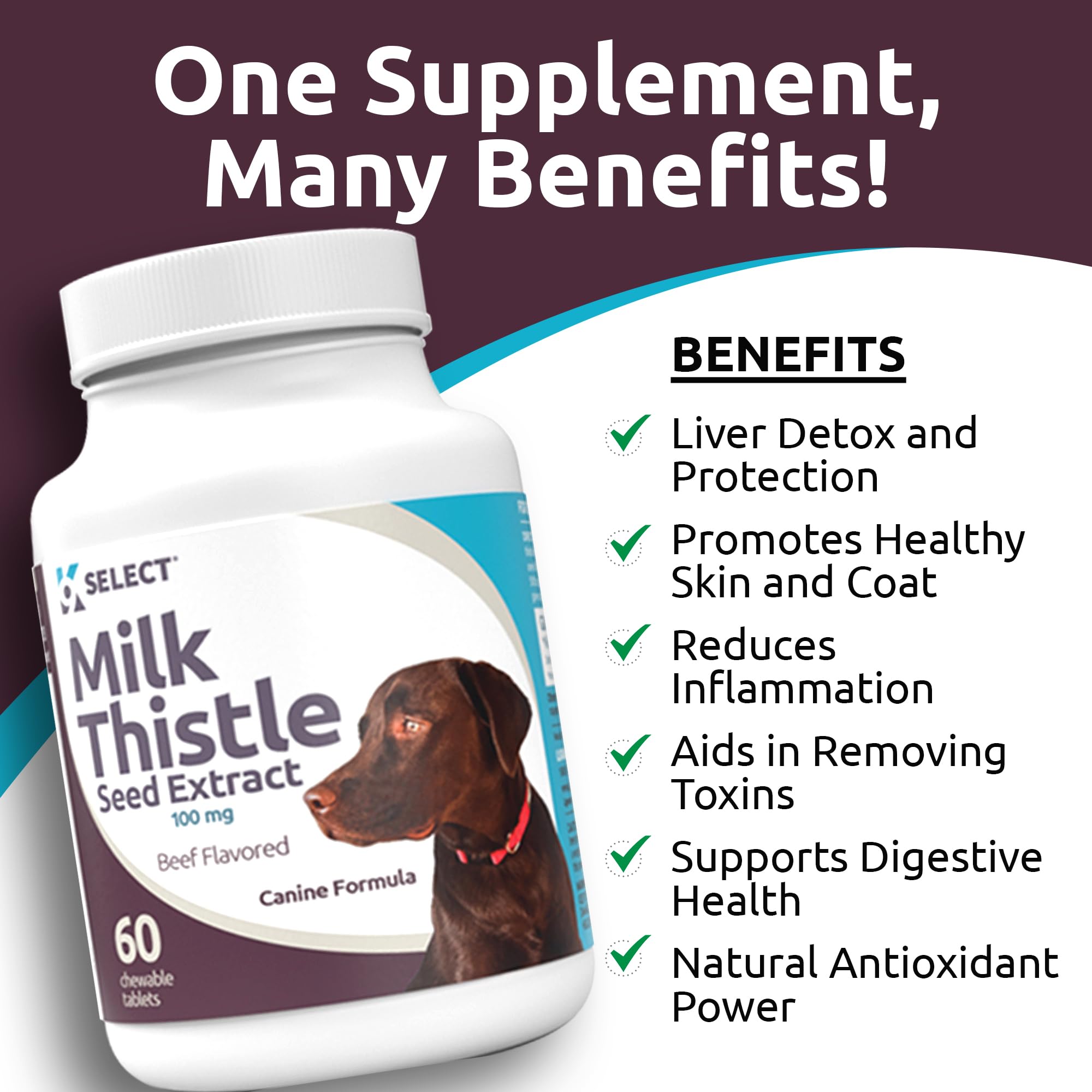 K9 Select Milk Thistle for Dogs, 100mg - 60 Beef Flavored Tablets - Canine Liver Health Natural Milk Thistle Supplement - Liver Supplement - Liver Support Supplement - Milk Thistle Herbal Supplements