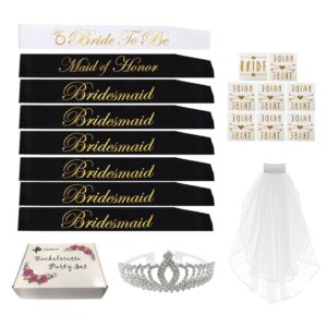 gemich bachelorette party sash set: bride to be , maid of honor , 6 bridesmaids sashes and 8 tattoos, team bride , tiara, veil, bridal shower favors.