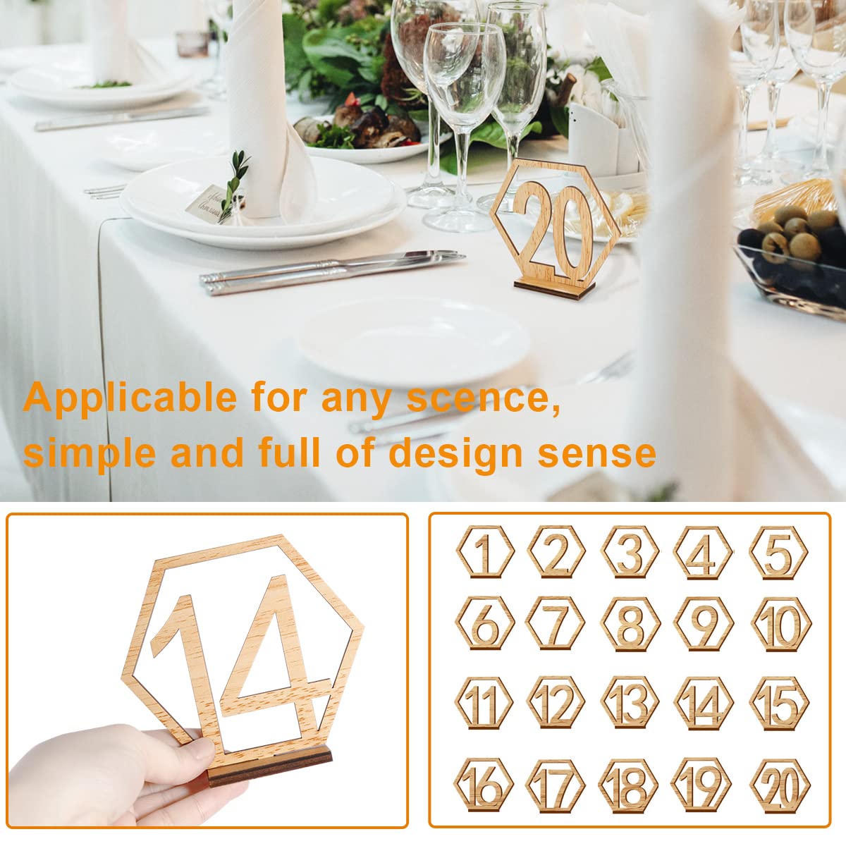 Wooden Table Numbers,Fashionclubs 1-20 Wedding Table Numbers with Holder Base,Hexagon Shape,Perfect for Wedding, Party, Events or Catering Decoration