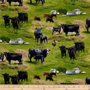 farm animals cows green, fabric by the yard