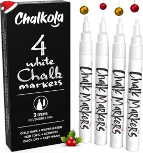 white chalk markers fine tip (4 pack 3mm) - wet & dry erase chalk pens for blackboard, chalkboards, windows, signs, glass, bistro - 3mm reversible bullet & chisel point