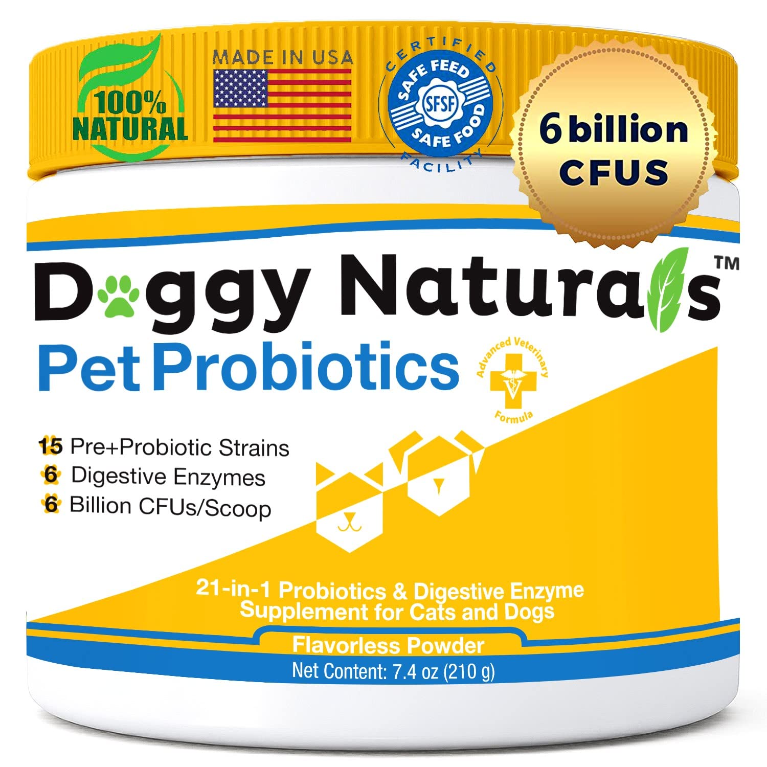 Probiotics for Dogs and Cats - Max-Strength with15 Strains Pre &Probiotics Digestive Health, Increase & Maintain Proper Gut Flora(Made in USA) 7.4 Oz (6 Billion CFU Per Scoop)