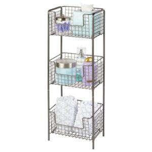 mdesign steel freestanding storage organizer tower rack basket shelf, metal 3-tier furniture unit for master/guest bathroom, powder room - holds bath towels, soap - concerto collection - graphite gray