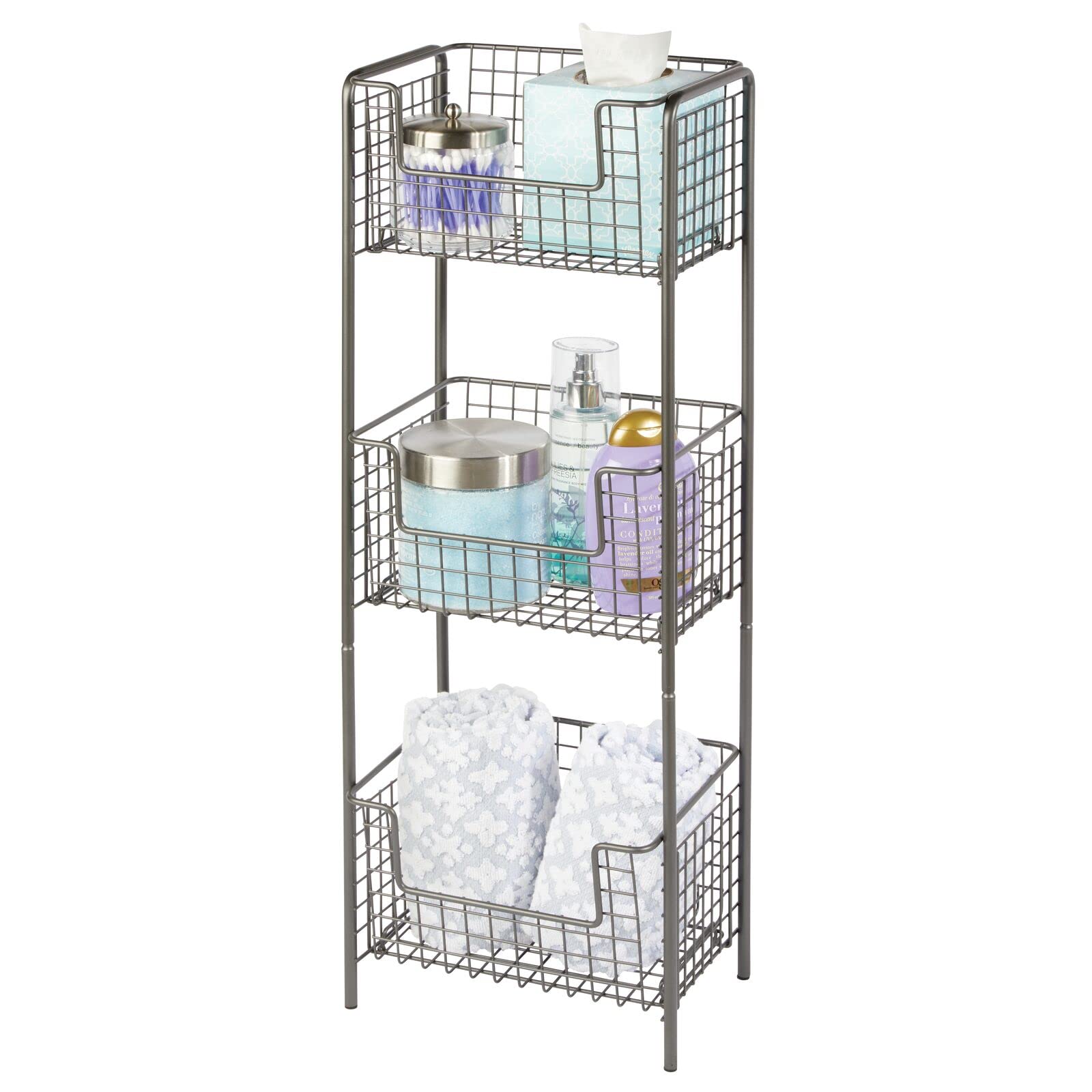 mDesign Steel Freestanding Storage Organizer Tower Rack Basket Shelf, Metal 3-Tier Furniture Unit for Master/Guest Bathroom, Powder Room - Holds Bath Towels, Soap - Concerto Collection - Graphite Gray