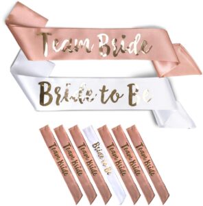 team bride 7pc satin sash set - sophisticated & fun party favors for bachelorette party, bridal shower & wedding party (7pc set, rose gold)