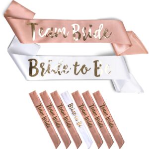 Team Bride 7pc Satin Sash Set - Sophisticated & Fun Party Favors for Bachelorette Party, Bridal Shower & Wedding Party (7pc Set, Rose Gold)