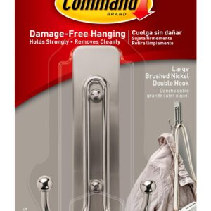 Command Large Brushed Nickel Double Hook, 1 Hook and 1 Command Strip, Damage Free Hanging Wall Hooks with Adhesive Strips, Coat Hooks for Hanging Christmas Decorations, Holds up to 4 lb