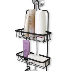 Splash Home Aluminum Kohala Bathroom Hanging Head Two Basket Organizers Plus Dish Shower Caddy, 24 x 5 x 11 Inches, Matte Black