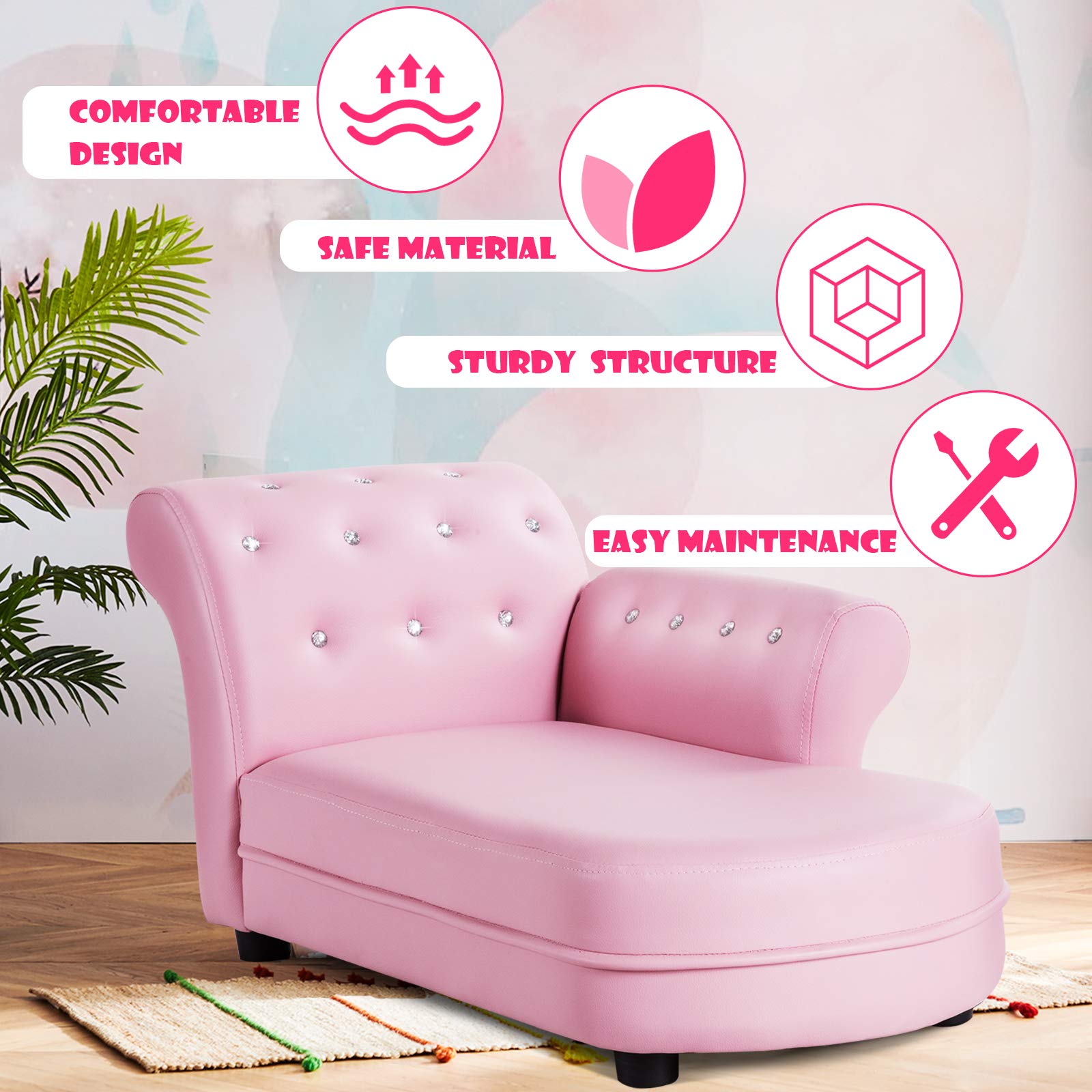 Costzon Kids Couch, Princess Kids Sofa Chairs for Baby Girls 3-5 Old w/Wood Frame & Leather Surface for Nap & Rest, Toddler Couch for Preschool, Nursery, Kindergarten, Children Furniture Gift (Pink)