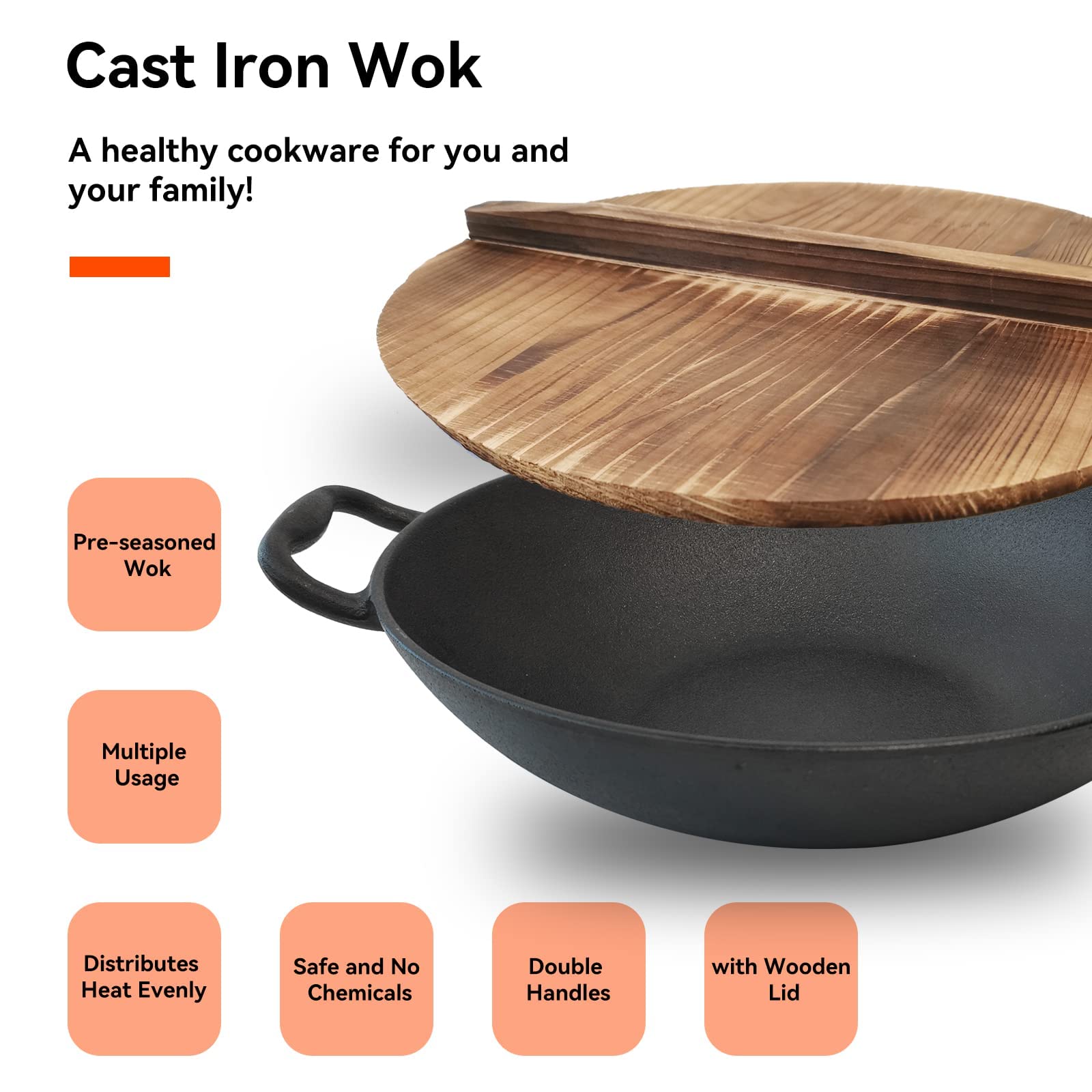 Keleday 14 Inch Cast Iron Wok with Lid, Non Stick, Pre-Seasoned Woks & Stir-Fry Pans with 2 Loop Handles, Uncoated Chinese Handmade Cast Iron wok, Suitable for All Cooktops