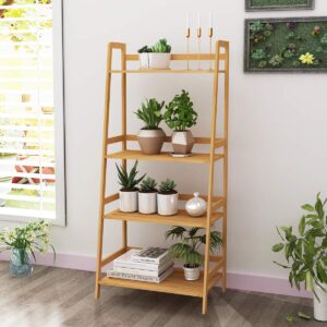 soges 4-Tier Bamboo Storage Shelf Rack, Bookcase Ladder Shelf Storage Organizer Multi-Functional Display Rack for Books, Photos, Plants, Daily Supplies in Home, Kitchen, Bathroom, Garden, KS-HSJ-02