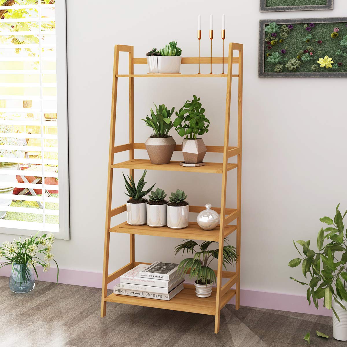 soges 4-Tier Bamboo Storage Shelf Rack, Bookcase Ladder Shelf Storage Organizer Multi-Functional Display Rack for Books, Photos, Plants, Daily Supplies in Home, Kitchen, Bathroom, Garden, KS-HSJ-02