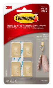 command small metallic hooks brass color, 4 hooks and 5 command strips, damage free wall hooks with adhesive strips, adhesive hooks for hanging christmas decorations, holds up to 0.5 lb