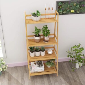 soges 4-Tier Bamboo Storage Shelf Rack, Bookcase Ladder Shelf Storage Organizer Multi-Functional Display Rack for Books, Photos, Plants, Daily Supplies in Home, Kitchen, Bathroom, Garden, KS-HSJ-02