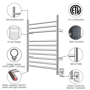 HEATGENE Towel Warmer Wall-Mounted Hardwired Heated Towel Rack Hot Towel Bar Mirror Polish