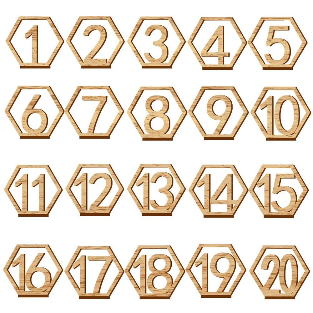 Wooden Table Numbers,Fashionclubs 1-20 Wedding Table Numbers with Holder Base,Hexagon Shape,Perfect for Wedding, Party, Events or Catering Decoration