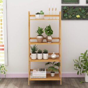 soges 4-Tier Bamboo Storage Shelf Rack, Bookcase Ladder Shelf Storage Organizer Multi-Functional Display Rack for Books, Photos, Plants, Daily Supplies in Home, Kitchen, Bathroom, Garden, KS-HSJ-02