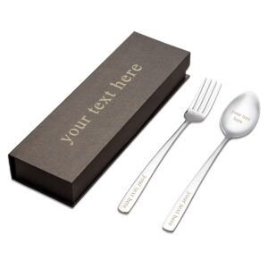 customized spoon & fork set, warmhut 304 stainless steel laser engraved flatware set, personalized creative cutlery set with box, unique and special customized gift