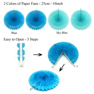 ZERODECO Birthday Decoration Set, Happy Birthday Banner Bunting with 4 Paper Fans Tissue 6 Paper Pom Poms Flower 10 Hanging Swirl and 20 Balloon for Birthday Party Decorations -Blue,Sky Blue and White