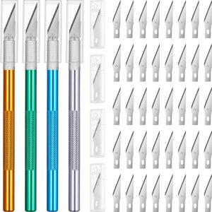 4 pieces craft knife knife hobby knife with 40 pieces stainless steel blades kit for cutting carving scrapbooking art creation(yellow, green, blue, silver)