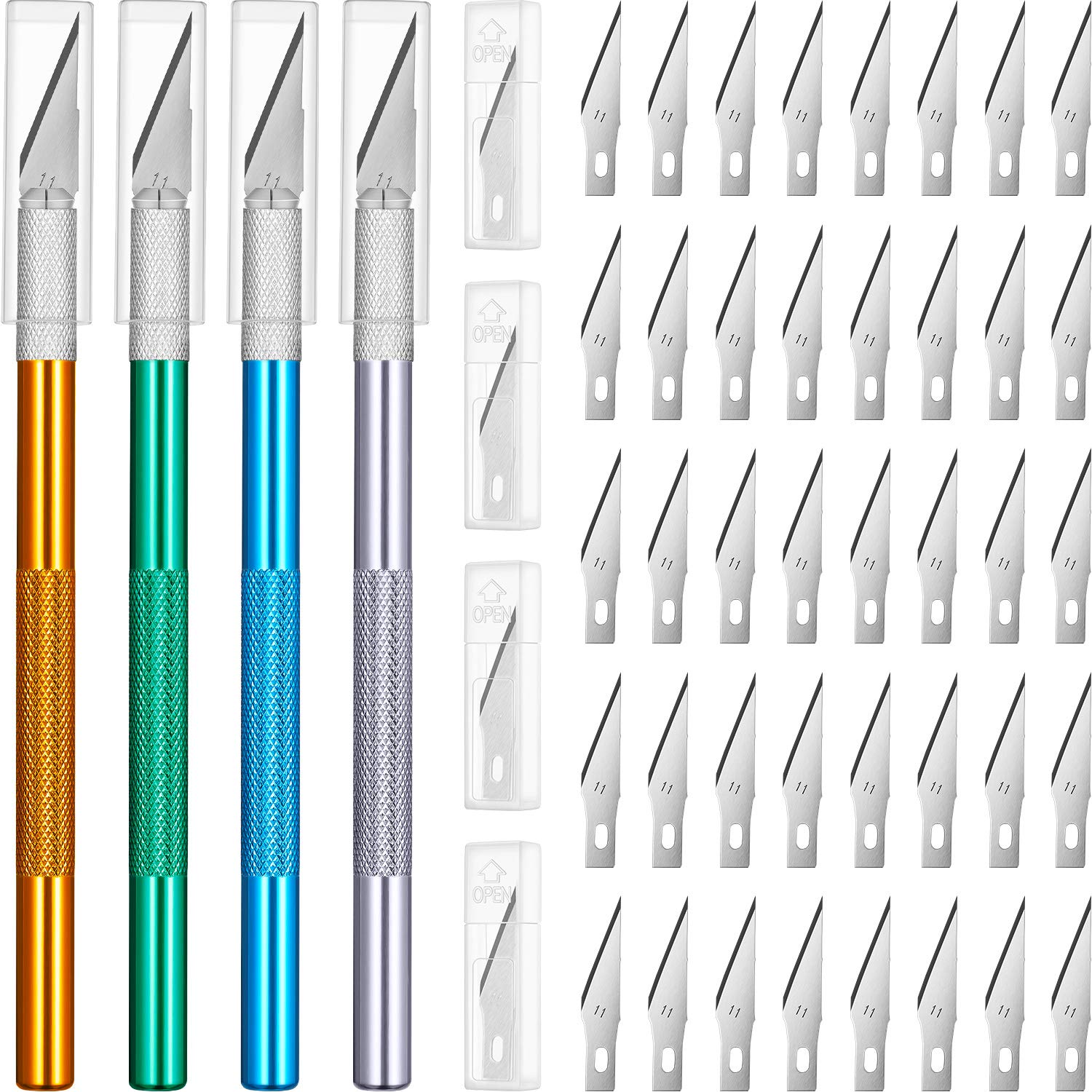 4 Pieces Craft Knife Knife Hobby Knife with 40 Pieces Stainless Steel Blades Kit for Cutting Carving Scrapbooking Art Creation(Yellow, Green, Blue, Silver)