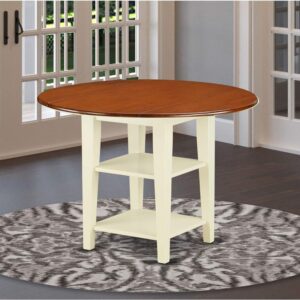 East West Furniture SUT-BMK-T Sudbury Dining Room Table - a Round kitchen Table Top with Dropleaf & 2 shelves, 42x42 Inch, Buttermilk & Cherry