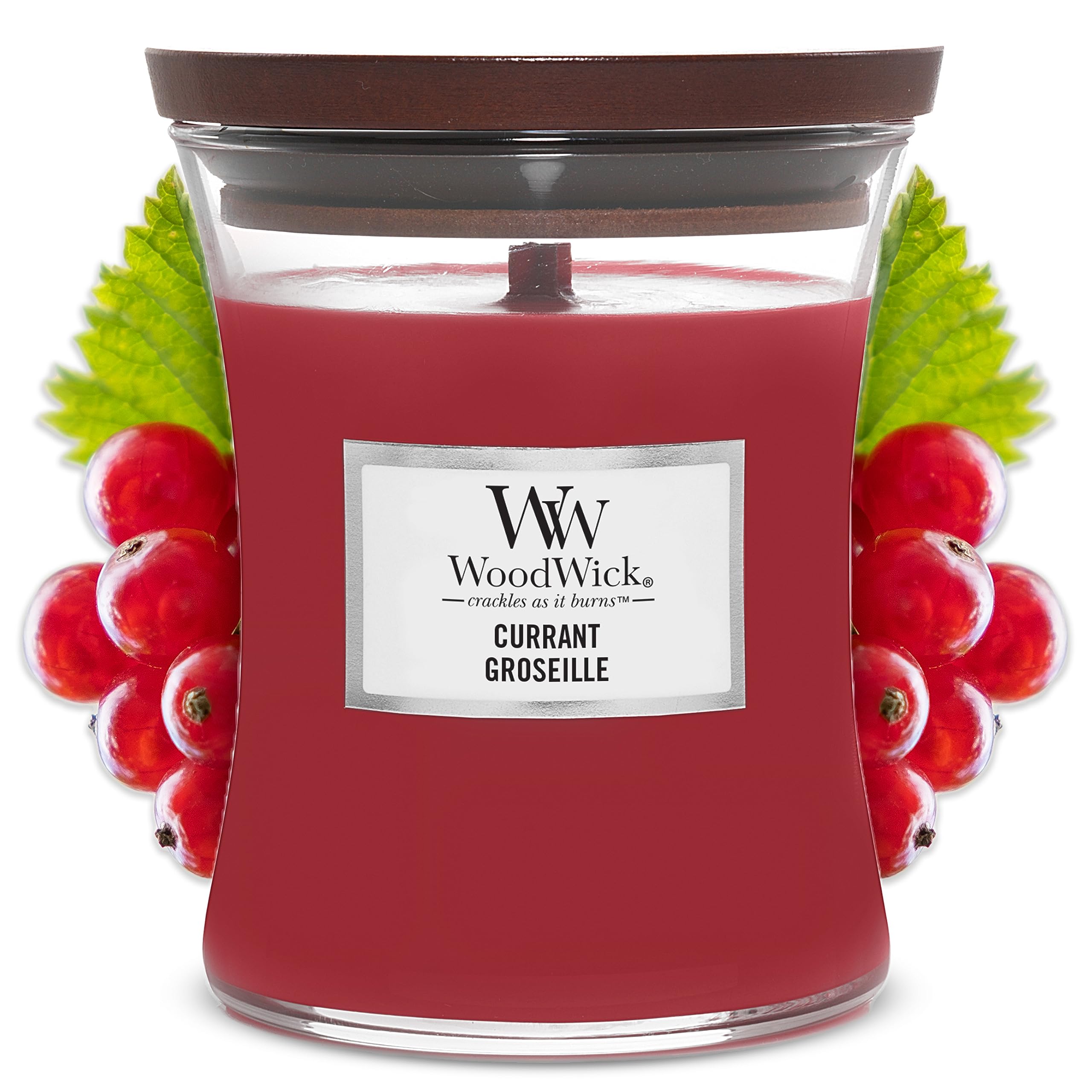 WoodWick Medium Hourglass Candle, Currant - Premium Soy Blend Wax, Pluswick Innovation Wood Wick, Made in USA