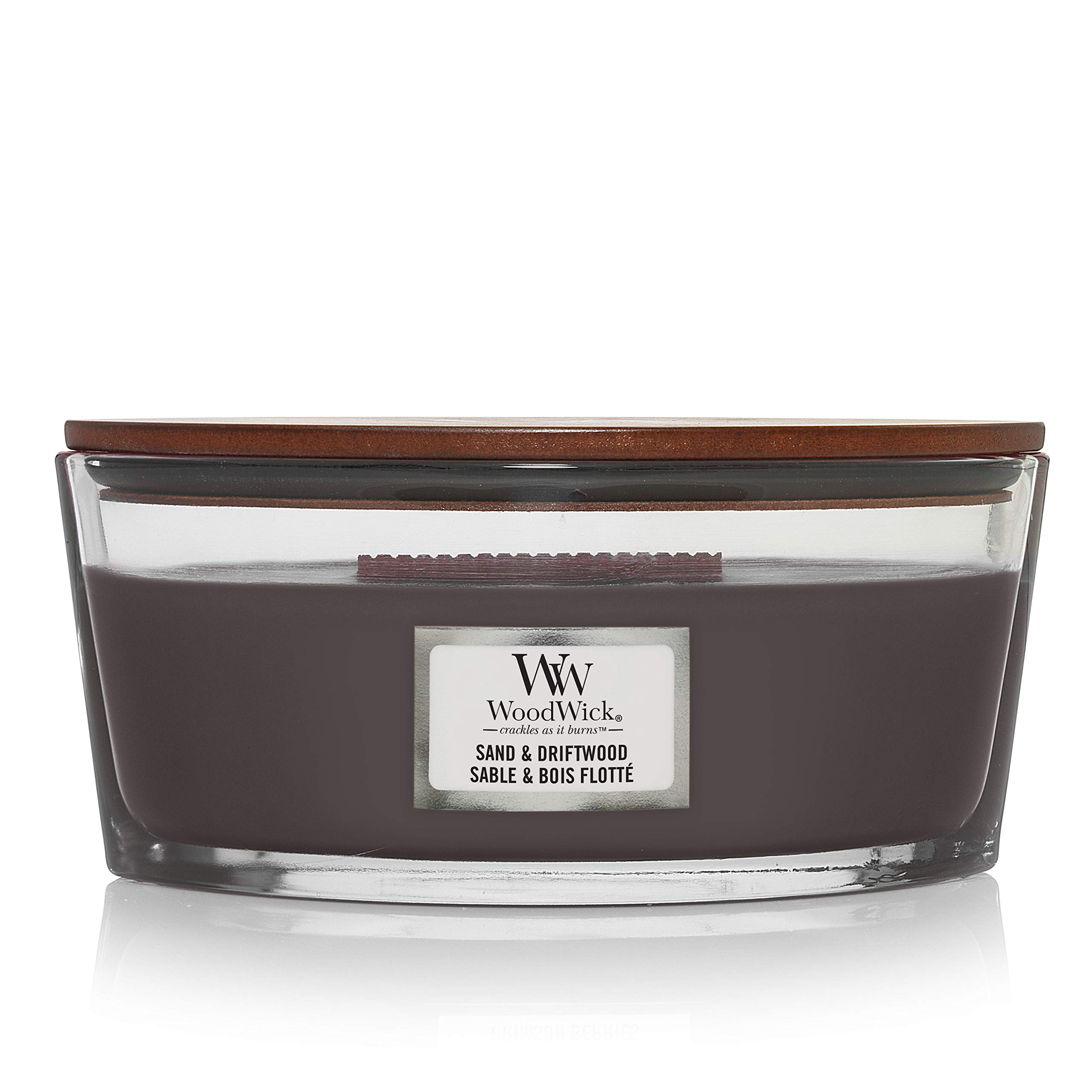 WoodWick Scented Candle with Crackling Wick | Sand & Driftwood Ellipse Candle | Long Burning Candles: Up to 50 Hours Burn Time | Perfect Gifts for Women