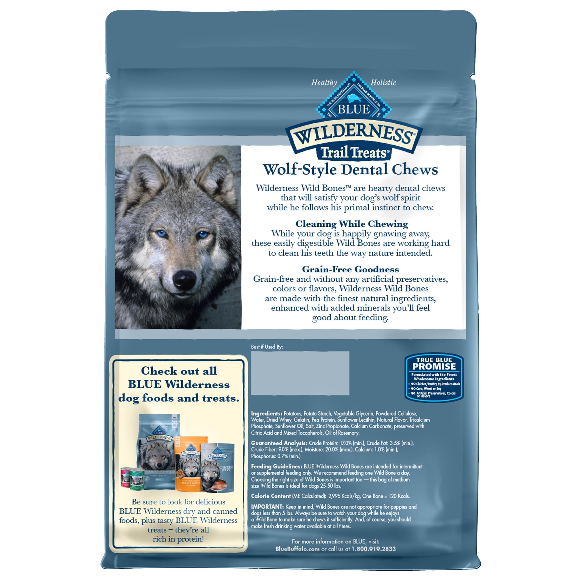 Blue Buffalo Wilderness Wild Bones Grain-Free Dental Chews Dog Treats, Medium, 27-oz Bag