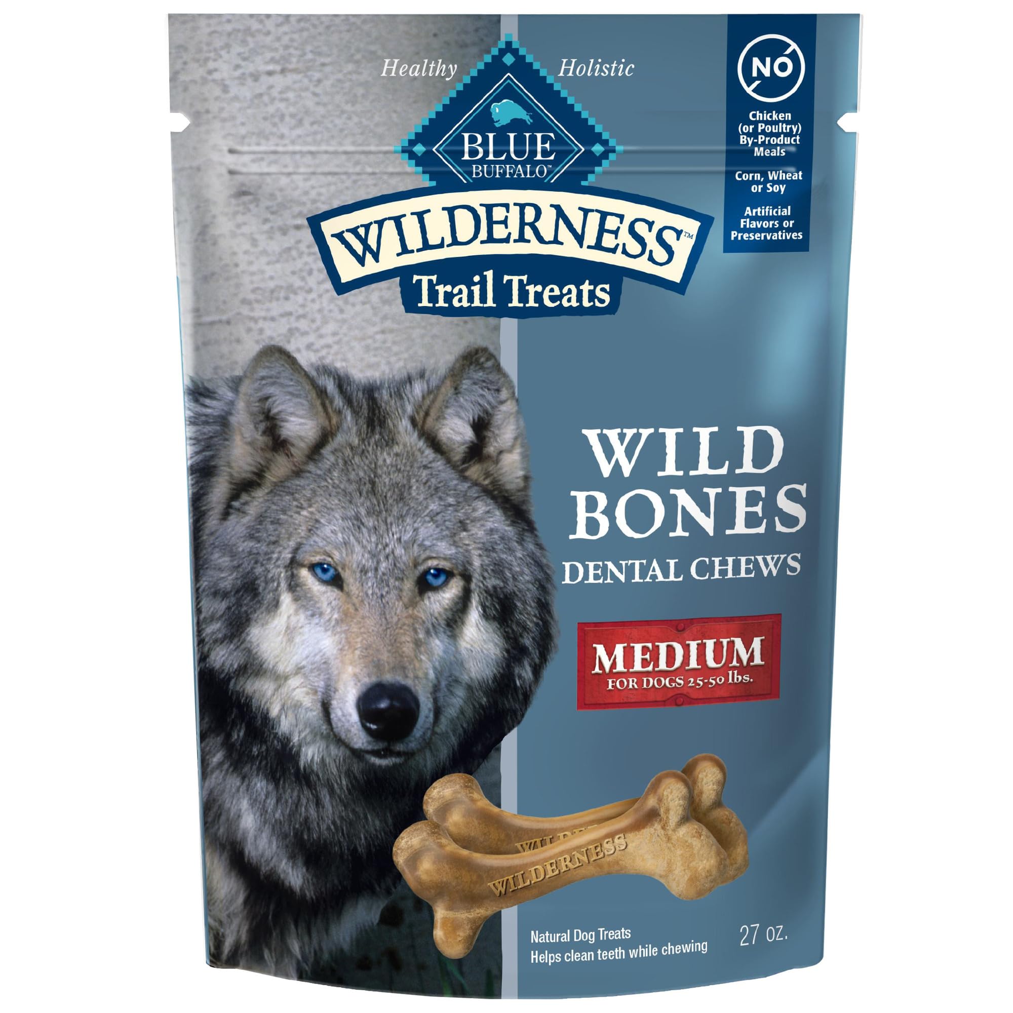 Blue Buffalo Wilderness Wild Bones Grain-Free Dental Chews Dog Treats, Medium, 27-oz Bag