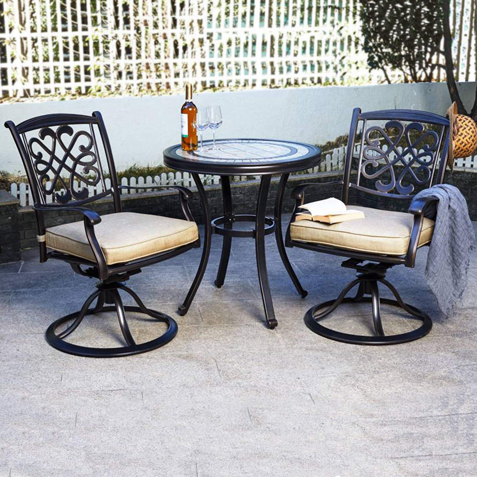 DALI 3 Piece Bistro Set, Handmade Contemporary Round Table Patio Glider Chairs Garden Backyard Outdoor Furniture