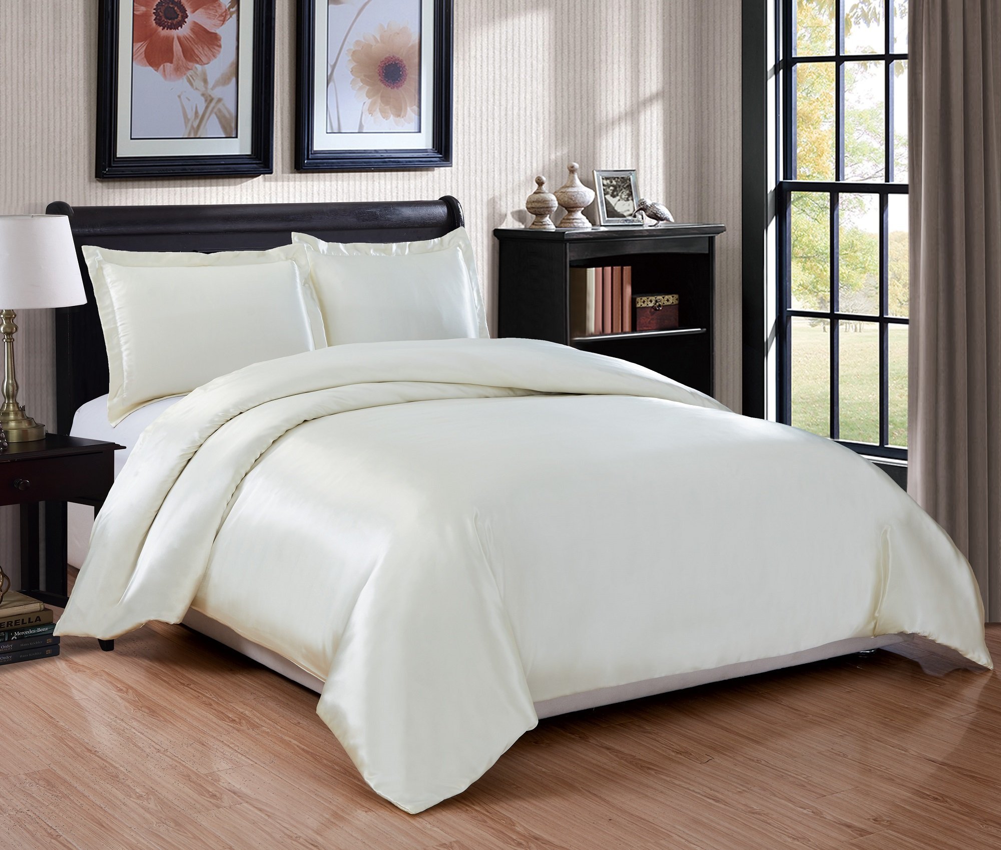 Chezmoi Collection 3-Piece Silky Bridal Satin Duvet Set King, Ivory