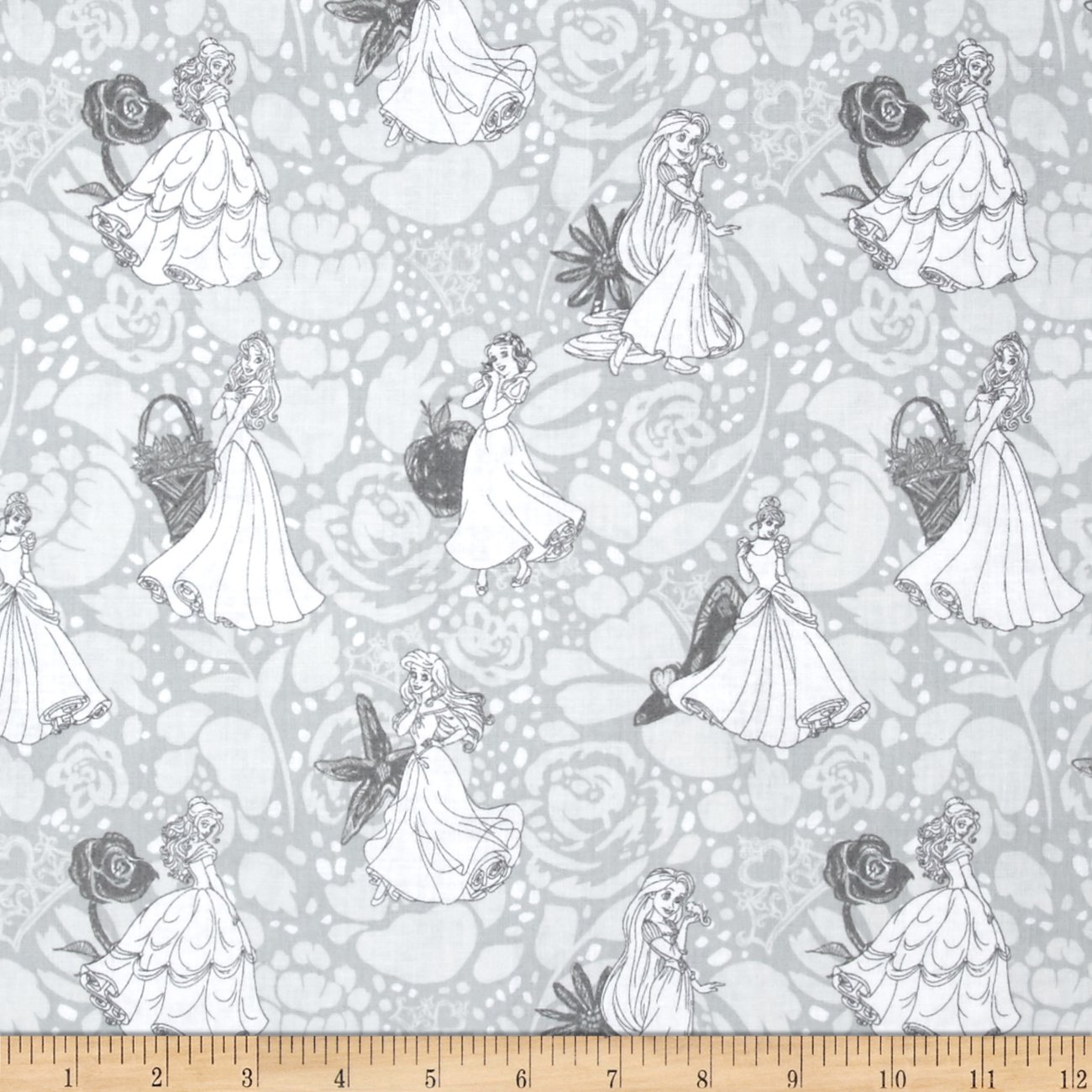 Eugene Textiles Quilt Fabric Disney Princess Line Drawing Grey Quilt Fabric by The yd