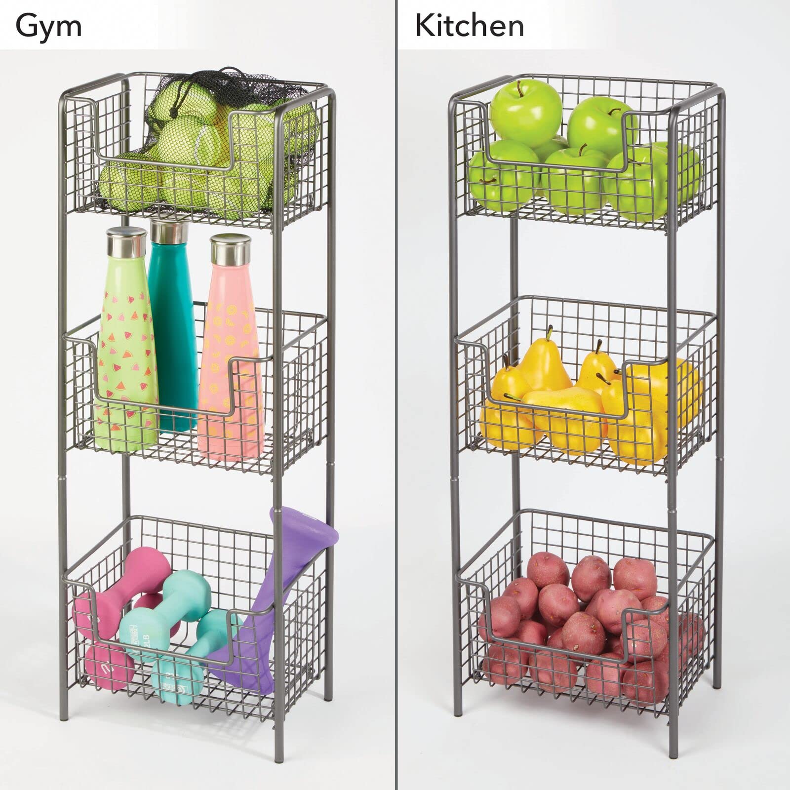 mDesign Steel Freestanding Storage Organizer Tower Rack Basket Shelf, Metal 3-Tier Furniture Unit for Master/Guest Bathroom, Powder Room - Holds Bath Towels, Soap - Concerto Collection - Graphite Gray