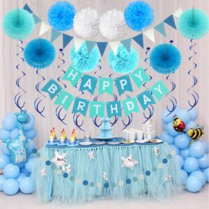 ZERODECO Birthday Decoration Set, Happy Birthday Banner Bunting with 4 Paper Fans Tissue 6 Paper Pom Poms Flower 10 Hanging Swirl and 20 Balloon for Birthday Party Decorations -Blue,Sky Blue and White