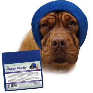 happy hoodie the original calming band for dogs & cats - for anxiety relief – noise canceling for fireworks, thunderstorms, pet grooming & force drying - dog calming aid since 2008 (x-large, blue)