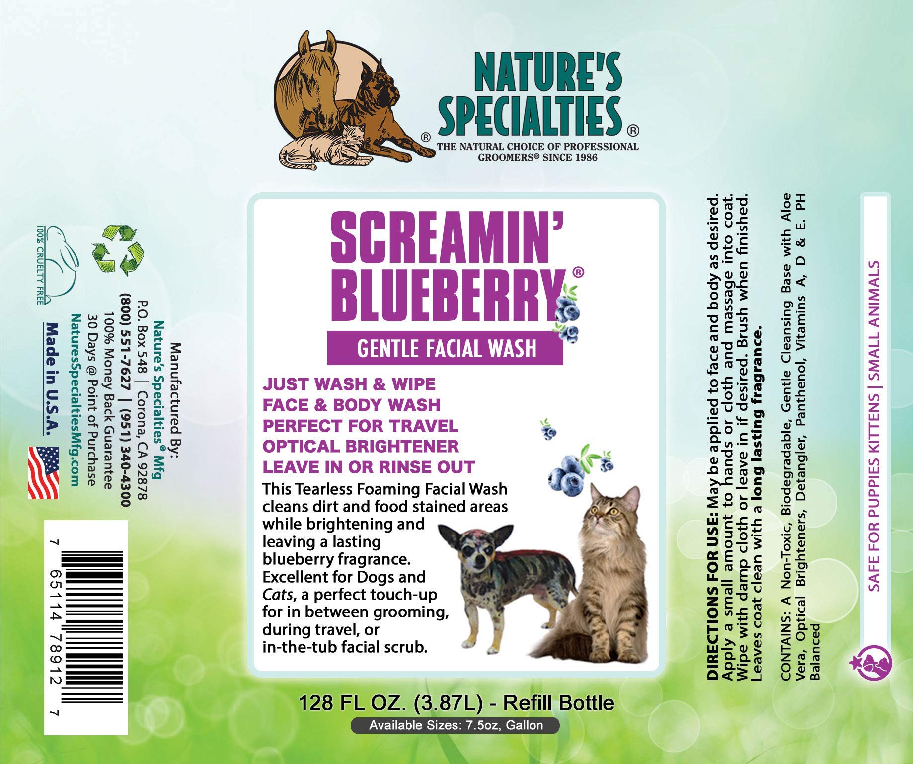 Nature's Specialties Screamin' Blueberry Dog Gentle Facial Wash for Pets, Natural Choice of Professional Groomers, Optical Brightener, Made in USA, 7.5 oz