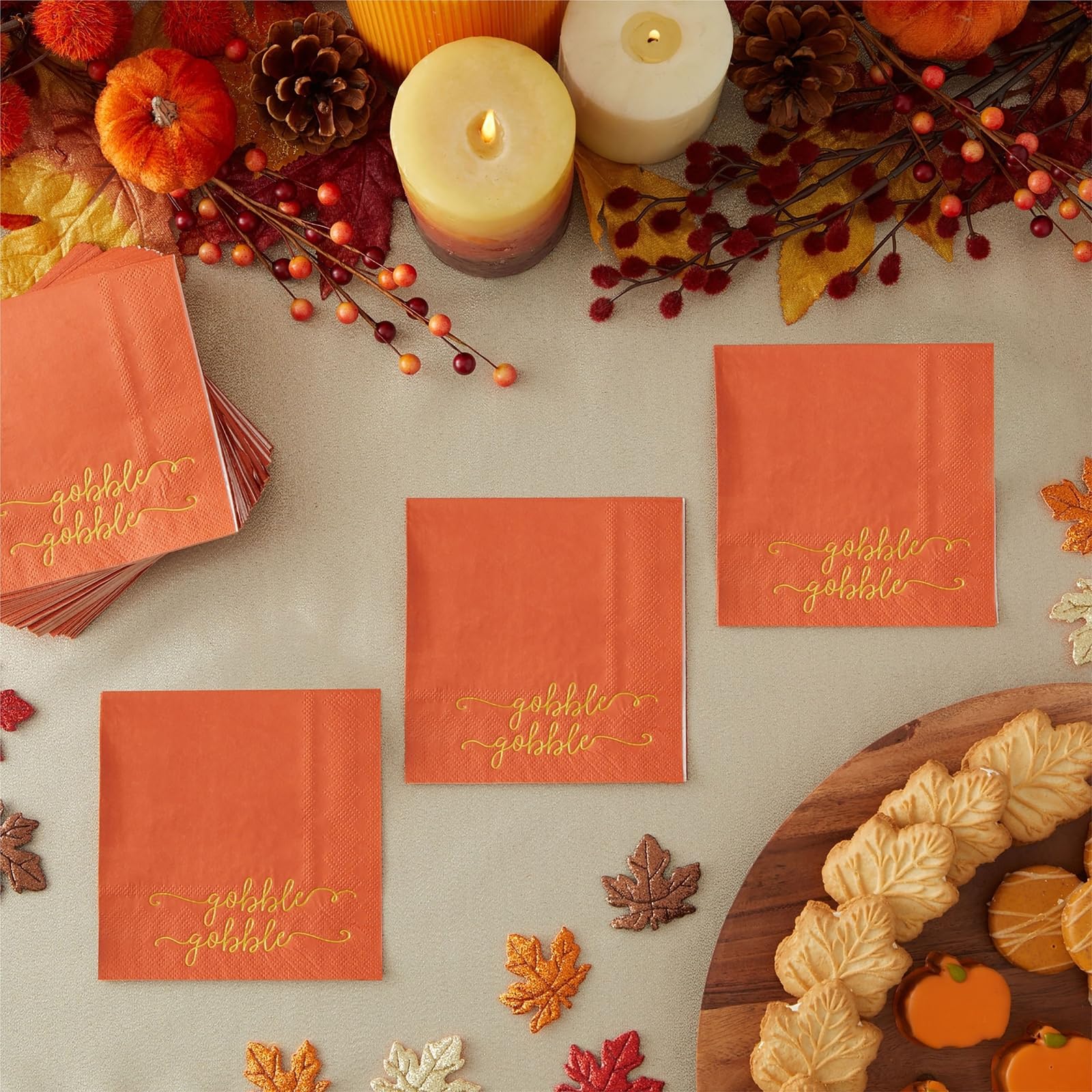 50 Pack Thanksgiving Cocktail Napkins Party Supplies Table Decorations, Gobble Gobble (5 x 5 In)