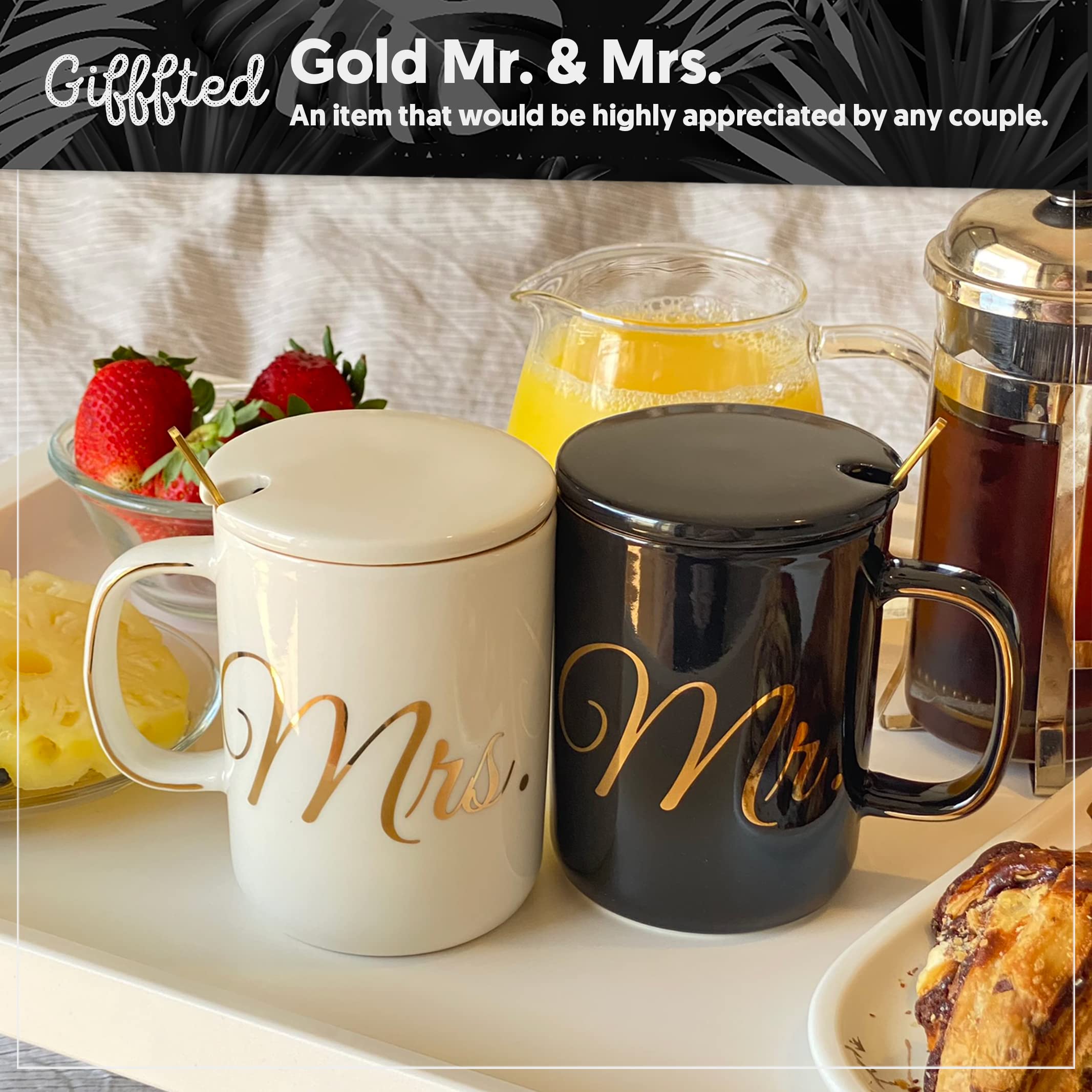 Triple Gifffted Couples Gifts For Wedding Anniversary, Engagement, Christmas, Mr and Mrs Mugs, Him Her, His Hers, Newlywed Couple Gift, Bride Groom, Lids Teaspoons, Ceramic, 380ML